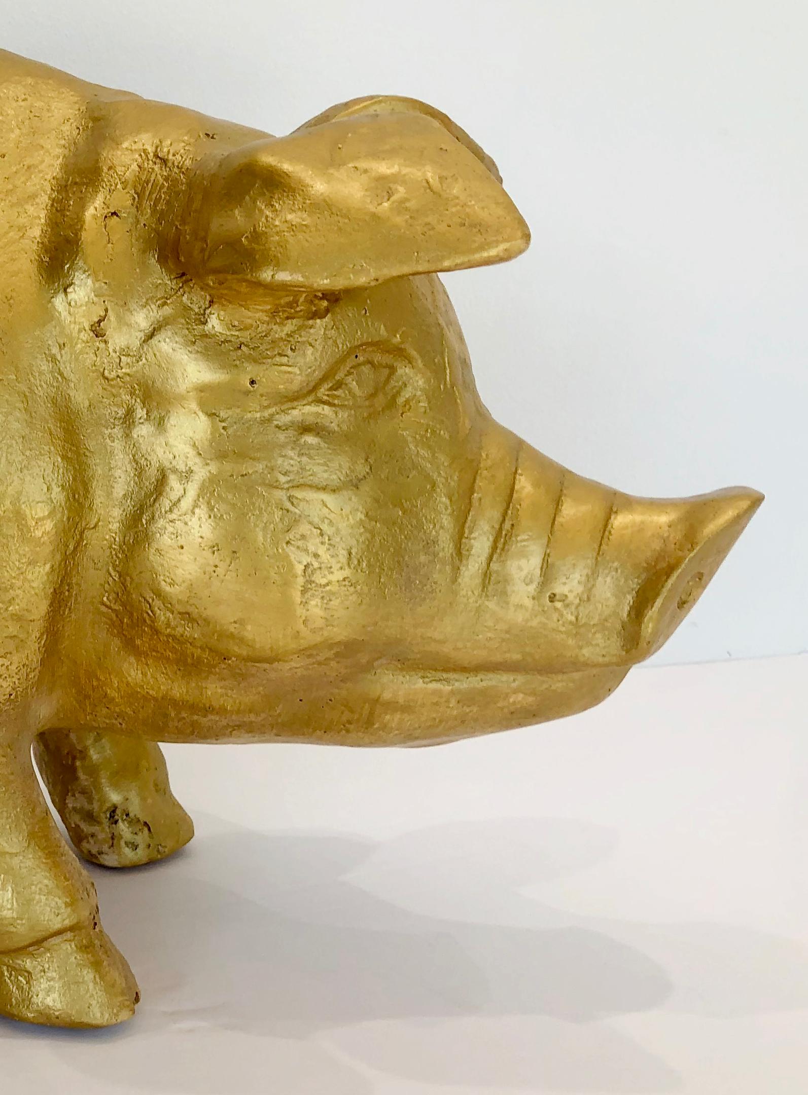 Vintage 1970s Life-Size Gilt-Plaster Pig Sculpture For Sale at 1stDibs