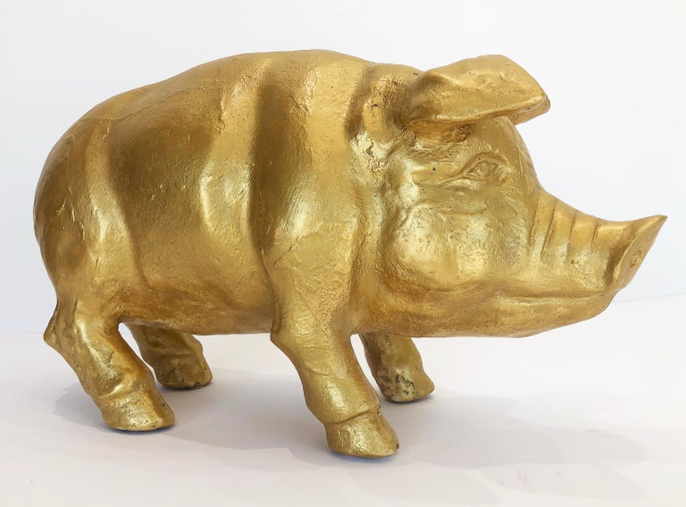 Vintage 1970s Life-Size Gilt-Plaster Pig Sculpture For Sale at 1stDibs