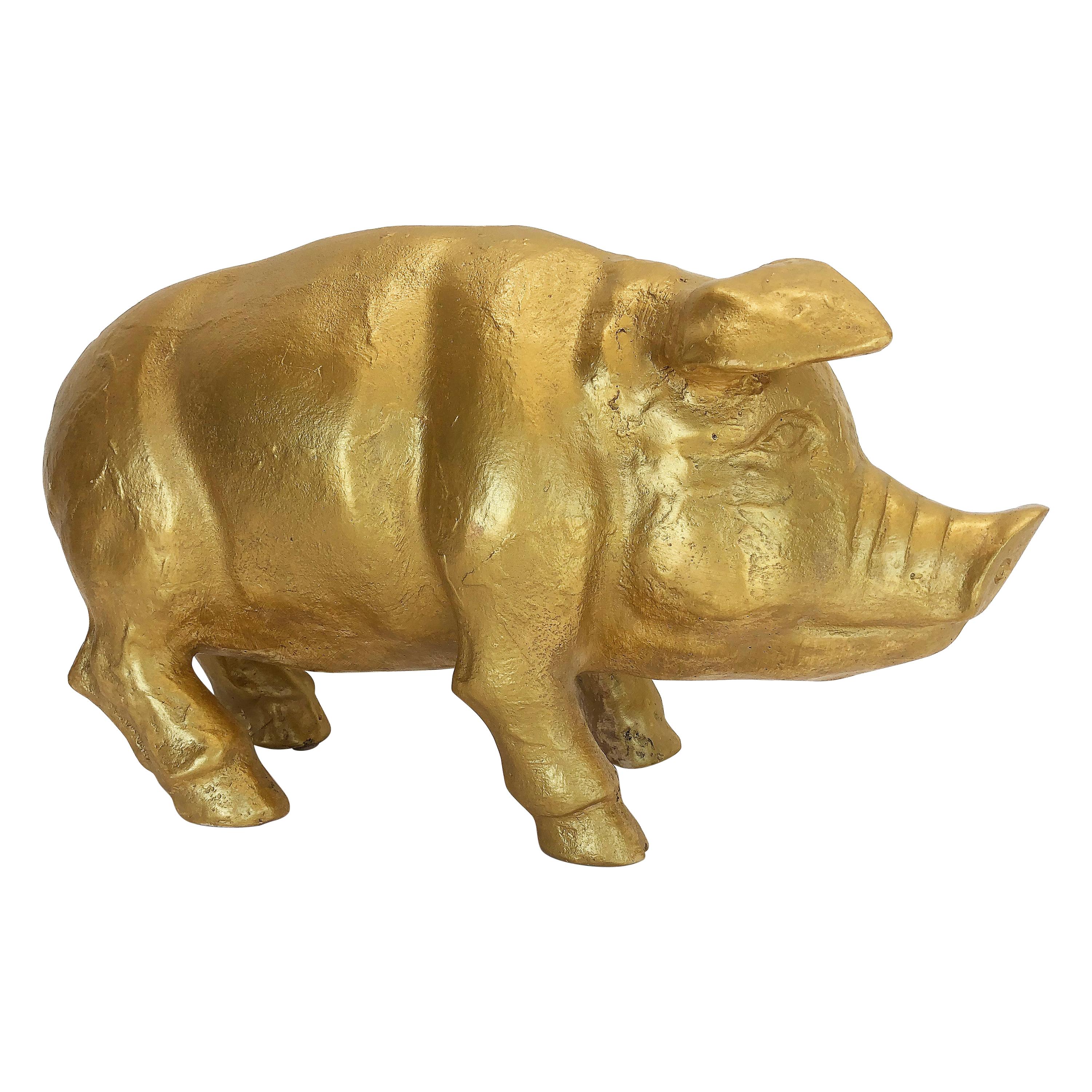 Vintage 1970s Life-Size Gilt-Plaster Pig Sculpture For Sale at 1stDibs