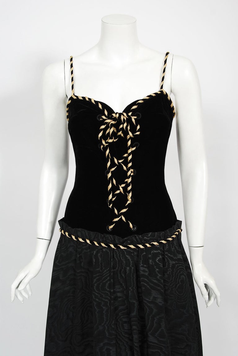 Vintage 1970's Loris Azzaro Couture Black Gold Silk and Velvet Lace-Up ...