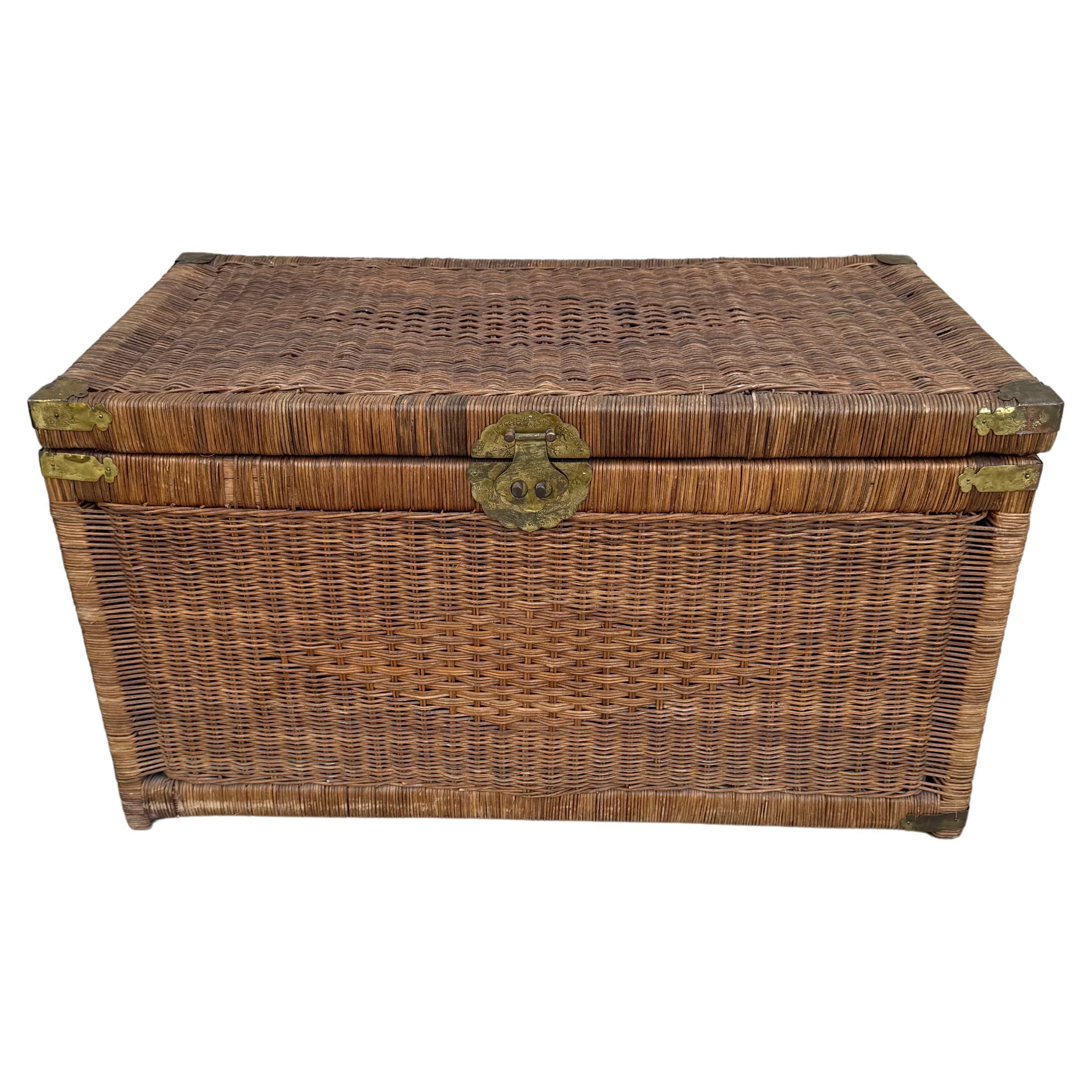 Vintage 1970's Rattan And Brass Chinoiserie Storage Trunk For Sale at ...