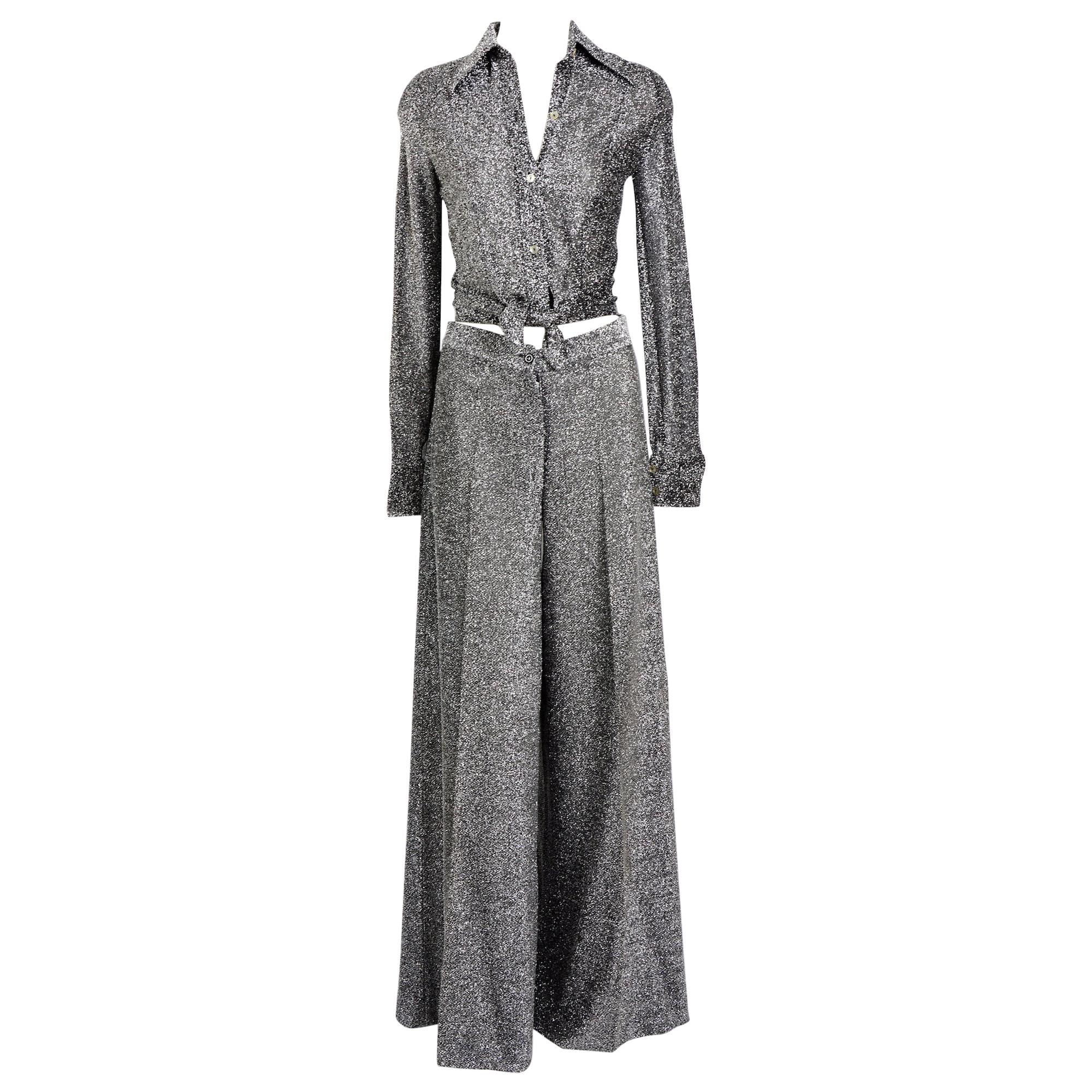 1970s Silver Metallic Knit 3 Piece Pant Suit at 1stDibs | knit pant suit