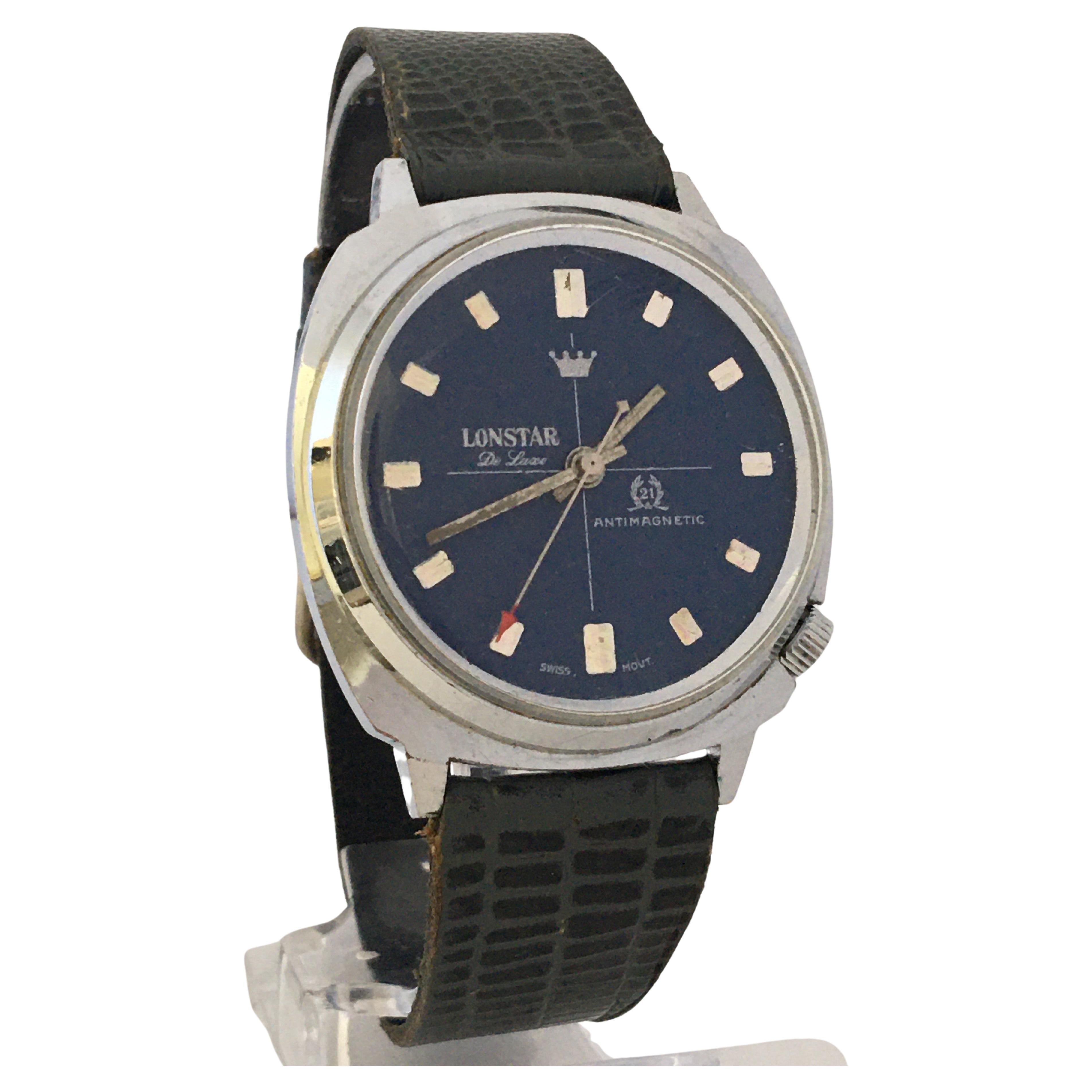 Vintage 1970s Stainless Steel Blue Dial Swiss Mechanical Gents Watch ...