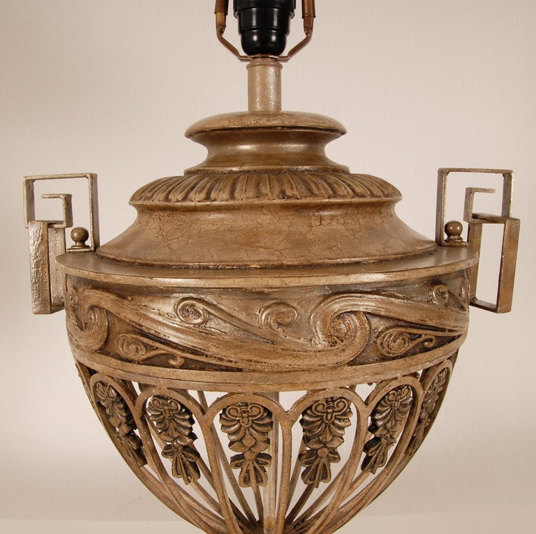 Vintage 1970s Taupe Iron Neoclassical Lamps Openwork Urns Vase Table ...