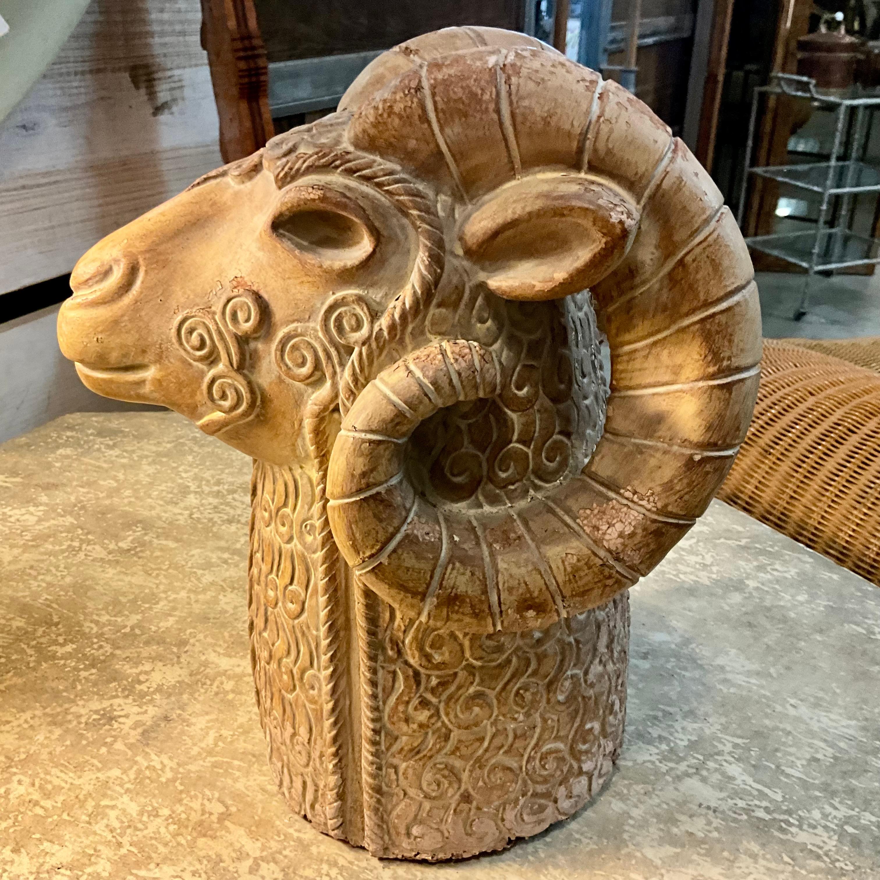 Vintage 1970s Terracotta Rams Head Sculpture with Patina For Sale at ...