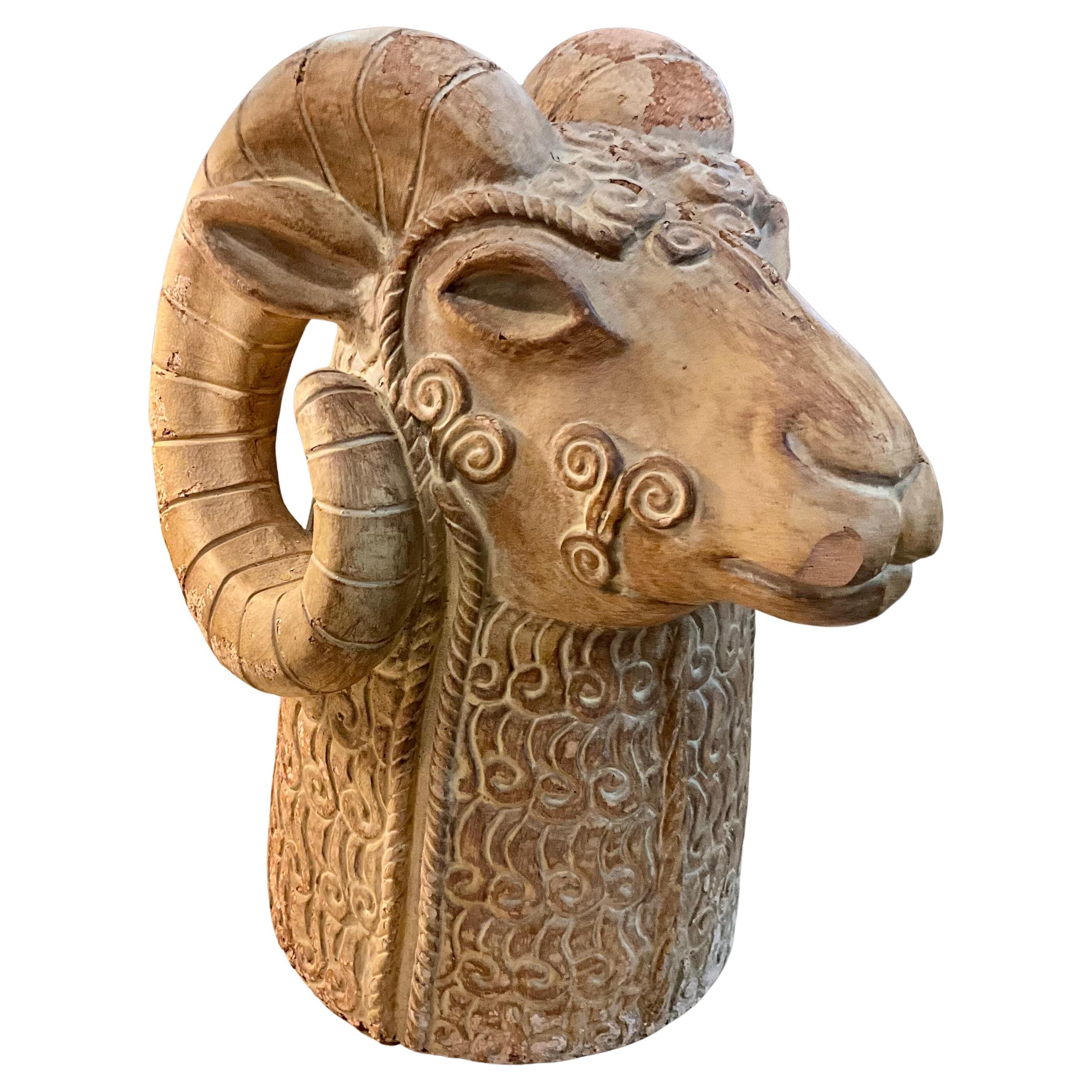 Vintage 1970s Terracotta Rams Head Sculpture with Patina at 1stDibs