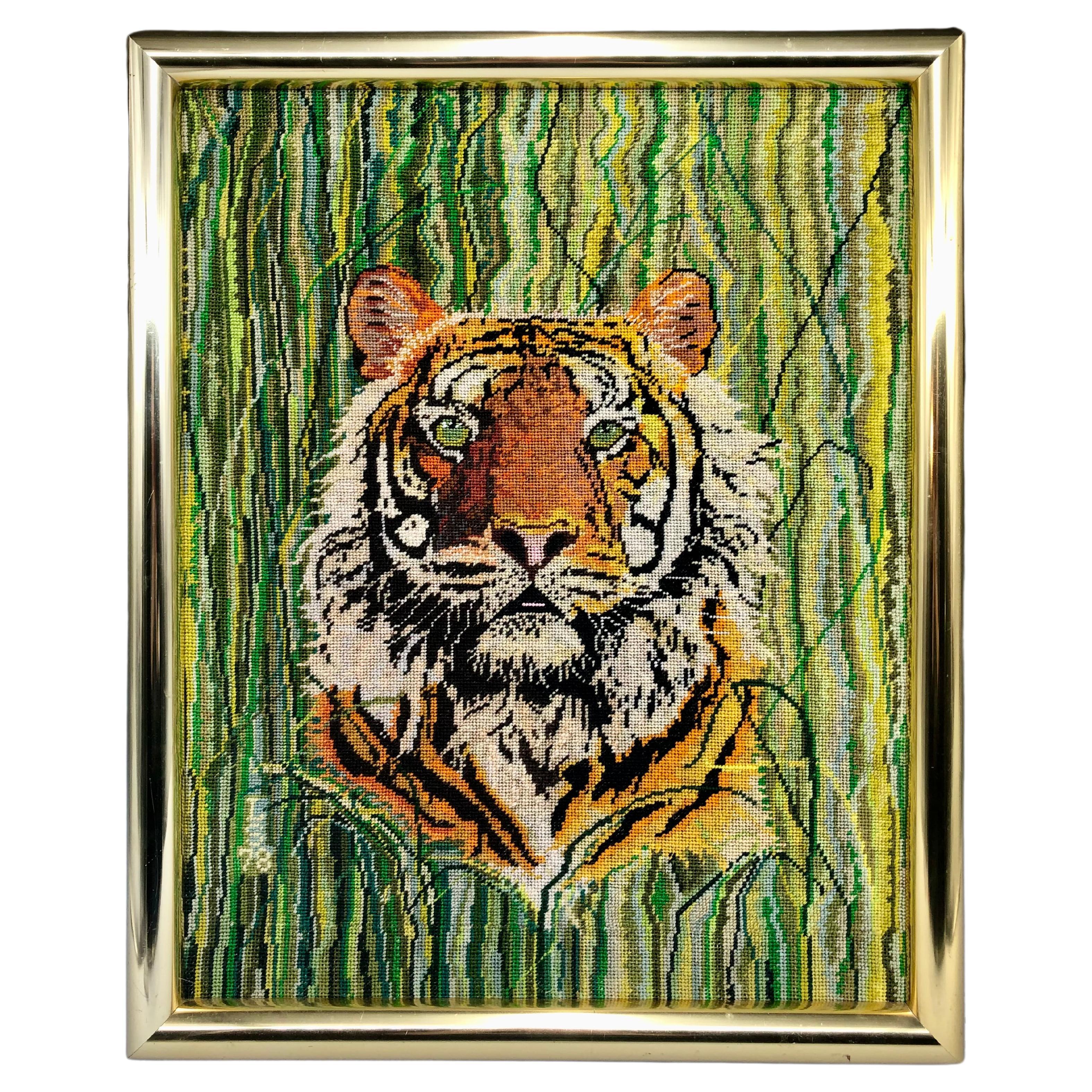 Vintage 1970s Tiger Portrait, Needlepoint Embroidery in Brass Frame For ...