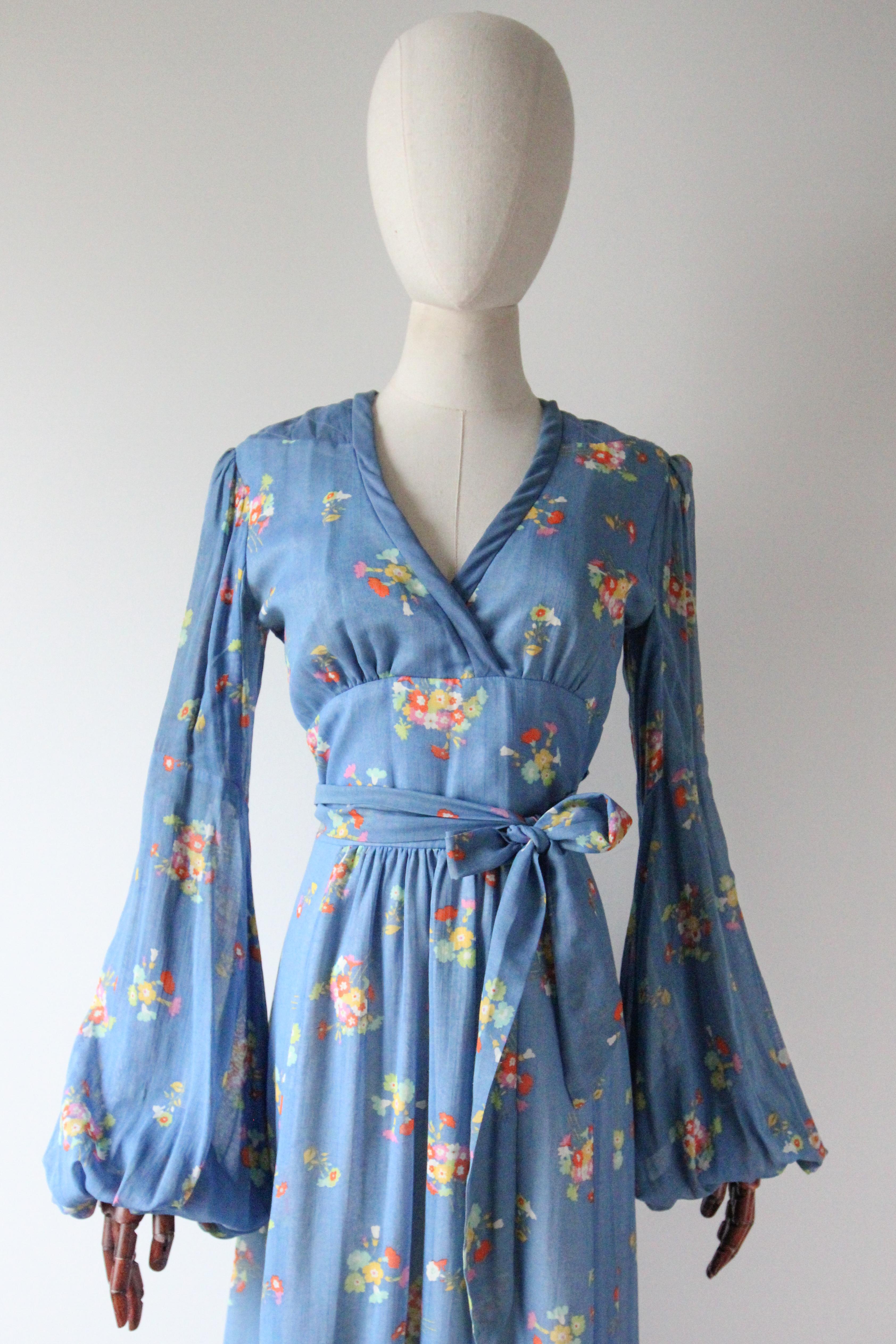 Vintage 1970's Valerie Goad Blue Floral Balloon Sleeve Maxi Dress UK 8 ...