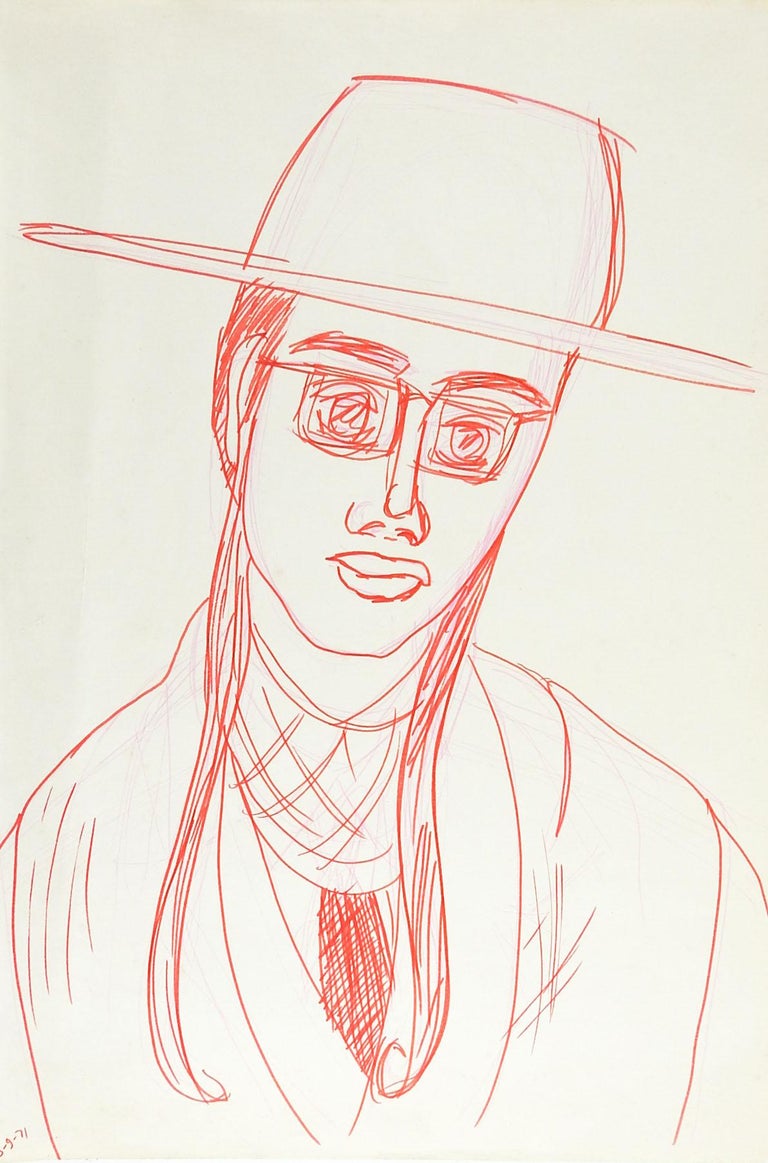 Vintage 1971 Hip Red Pen and Ink Portrait Drawing For Sale at 1stDibs