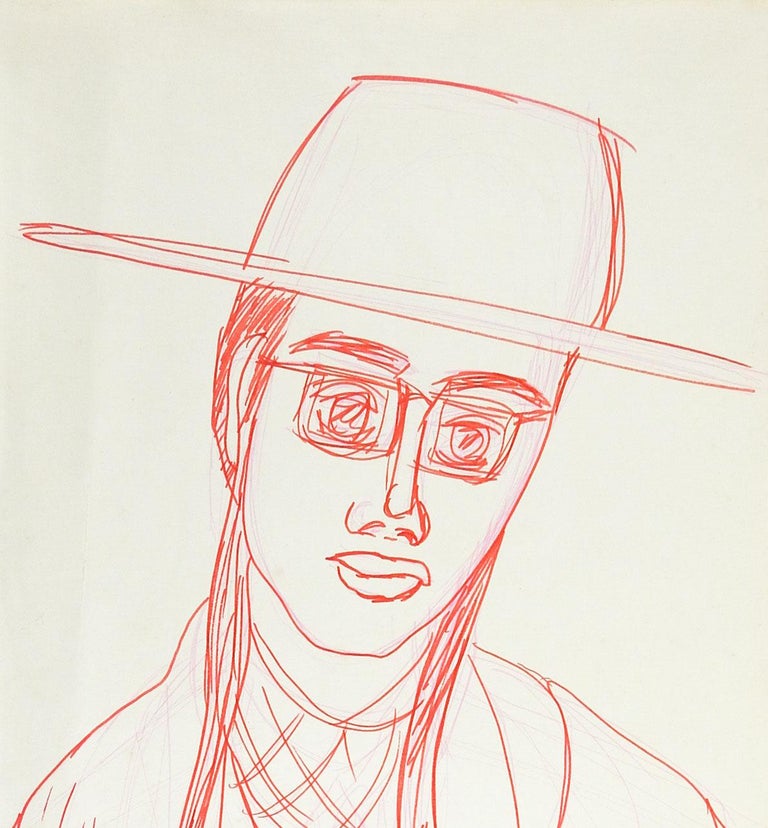Vintage 1971 Hip Red Pen and Ink Portrait Drawing For Sale at 1stDibs