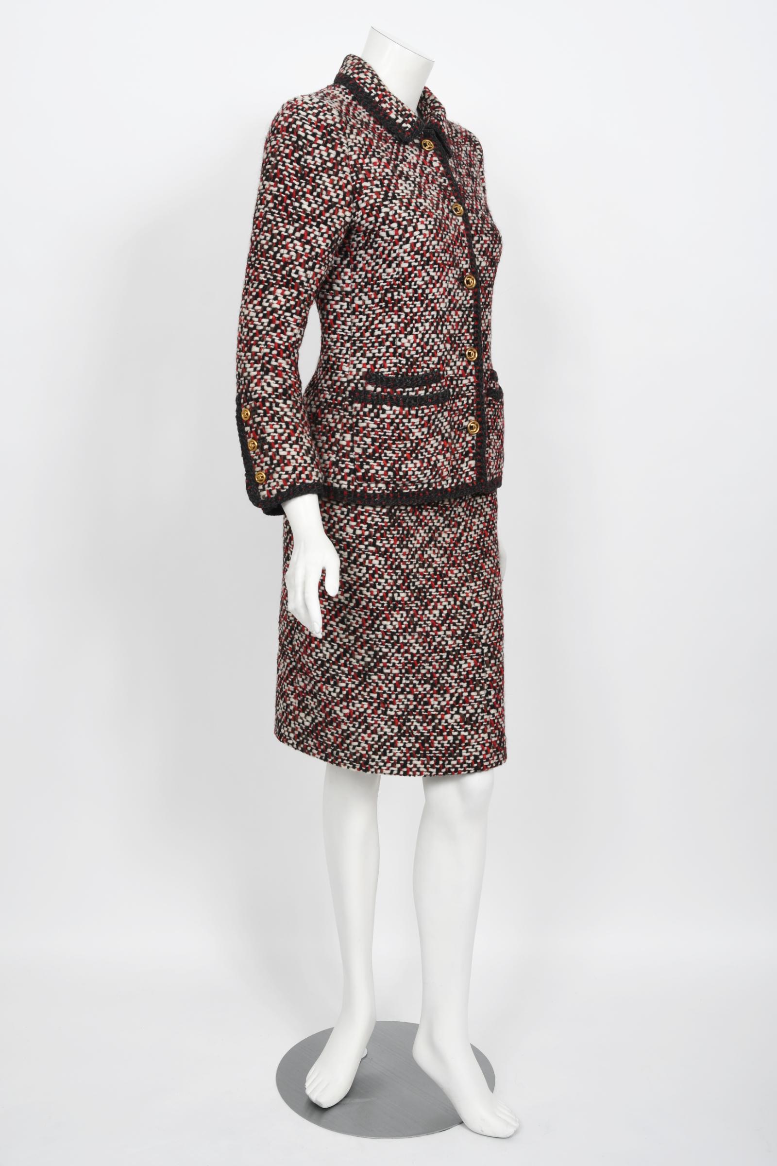Vintage 1973 Chanel Haute Couture Red Black Ivory Wool Tweed Jacket and ...