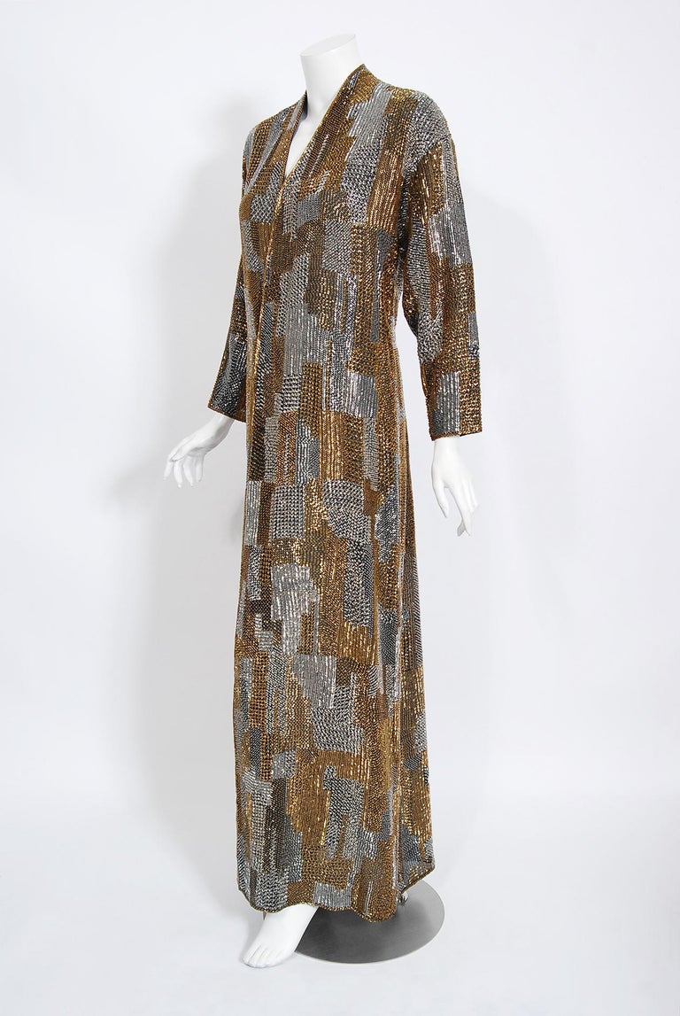 Vintage 1970s Halston Couture Gold and Silver Beaded Silk Wrap Disco ...