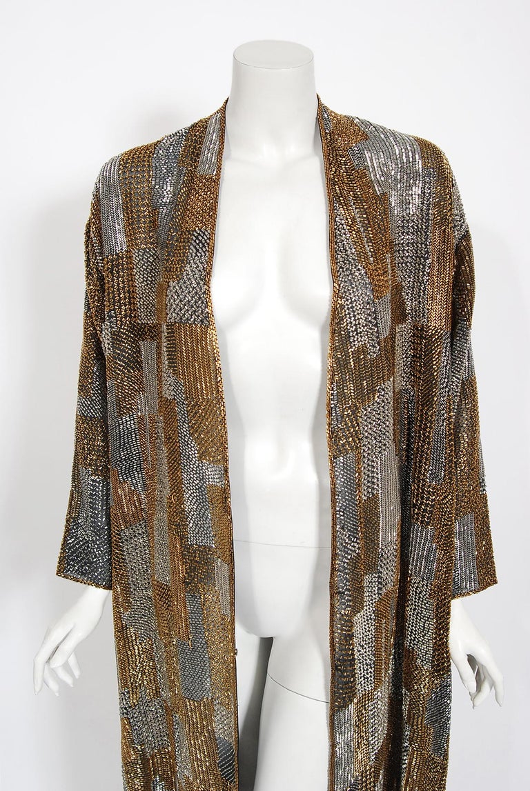 Vintage 1970s Halston Couture Gold and Silver Beaded Silk Wrap Disco ...