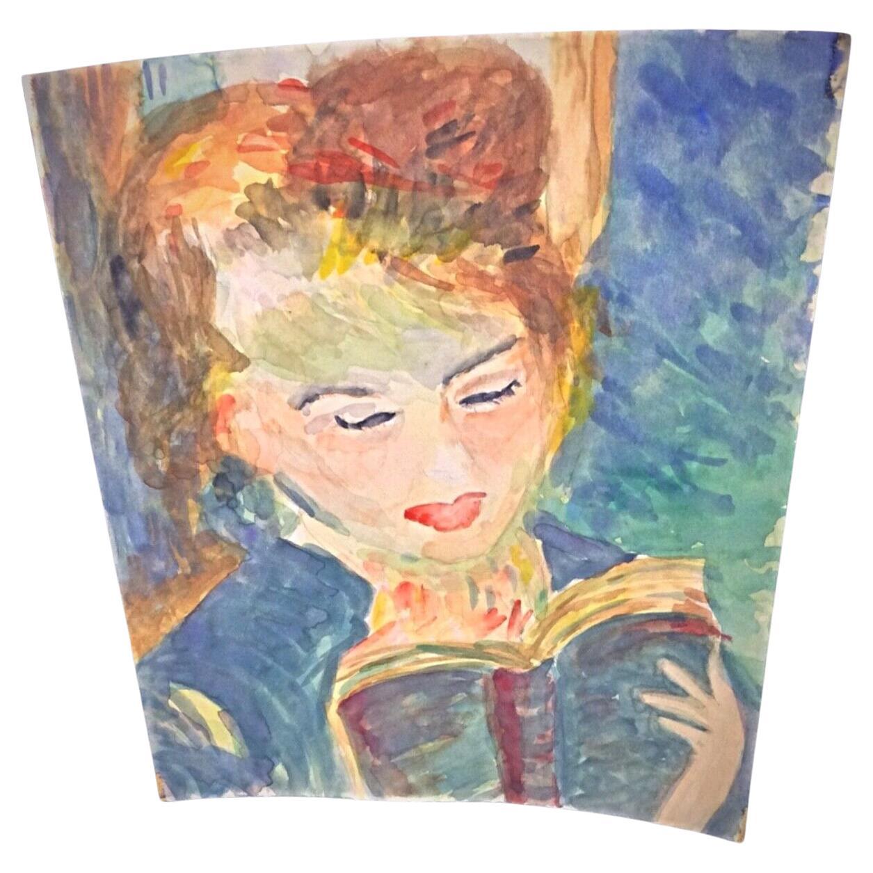 Vintage 1980 Watercolor Drawing of a Woman Reading by J. René Rommel - 2Y297 For Sale at 1stDibs