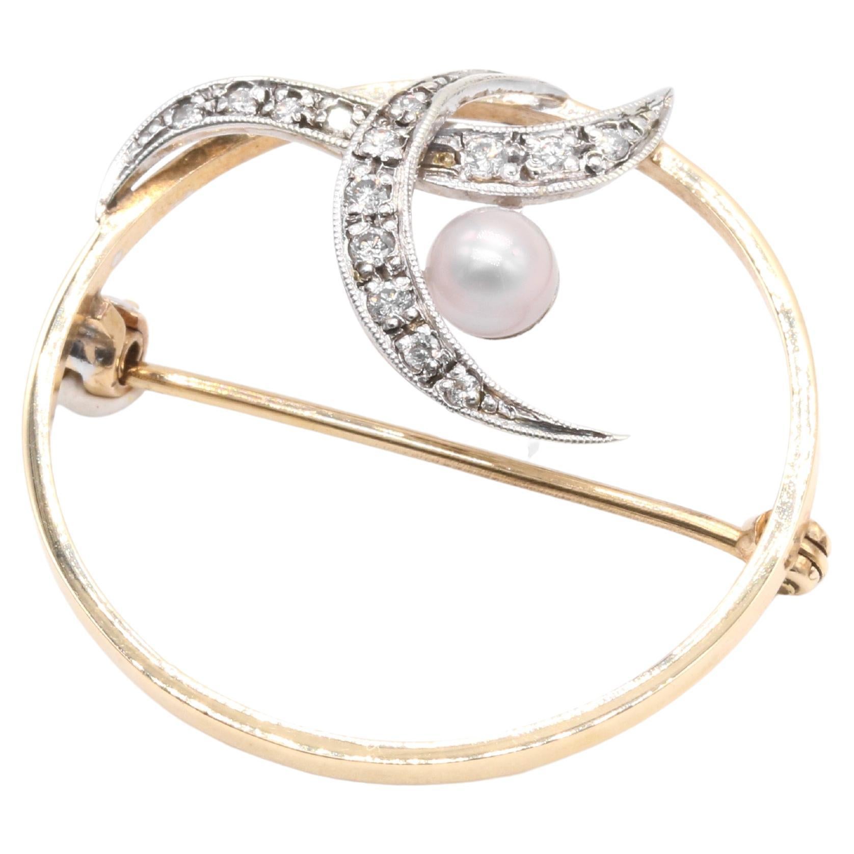 Vintage 1980s 9K Yellow Gold and White Gold Diamond and Pearl Circular ...
