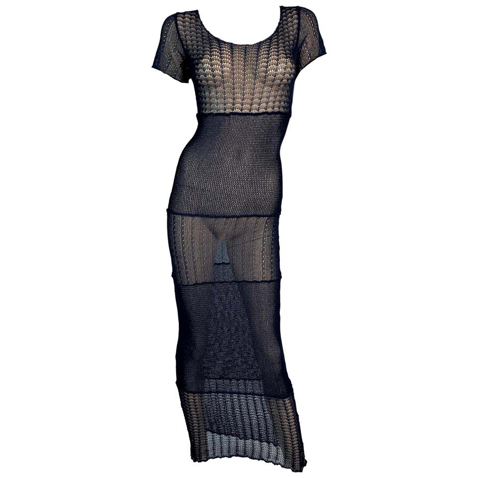 Vintage 1980s Dolce And Gabbana Sheer Blue Knit Long Wiggle Dress At