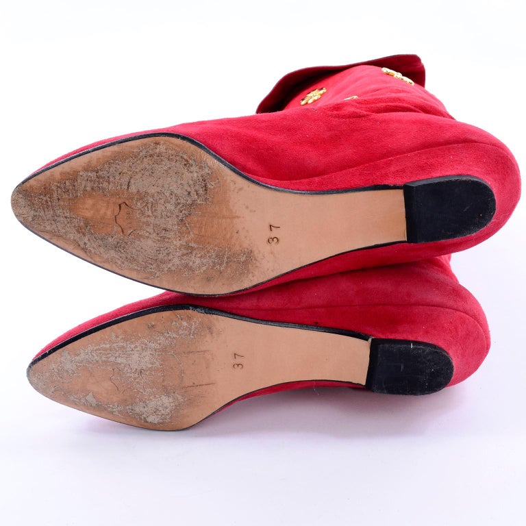 Vintage 1980s Escada Red Suede Boots With Gold Metal Clovers Size 37 ...