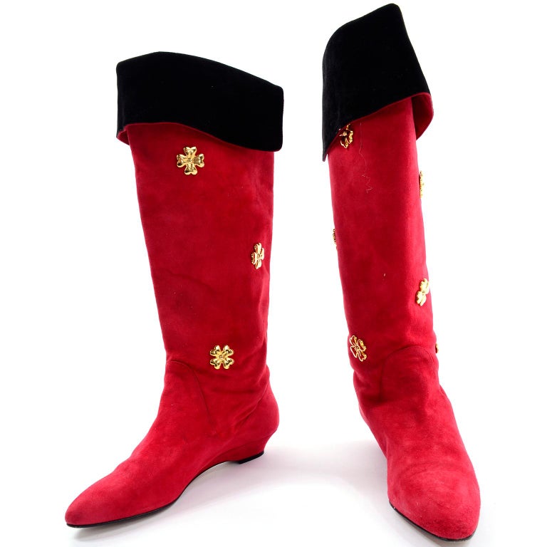 Vintage 1980s Escada Red Suede Boots With Gold Metal Clovers Size 37 ...