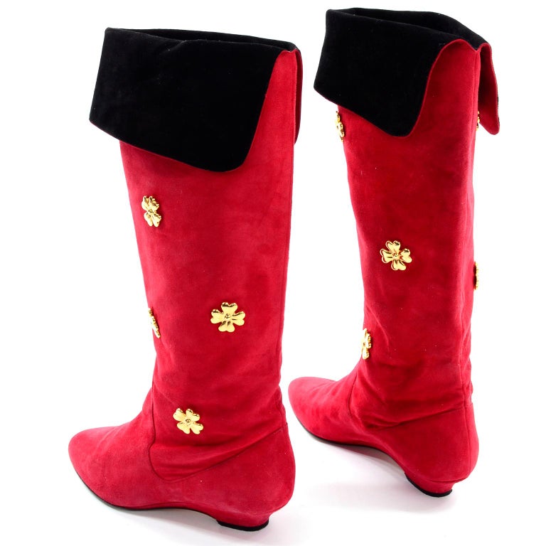 Vintage 1980s Escada Red Suede Boots With Gold Metal Clovers Size 37 ...