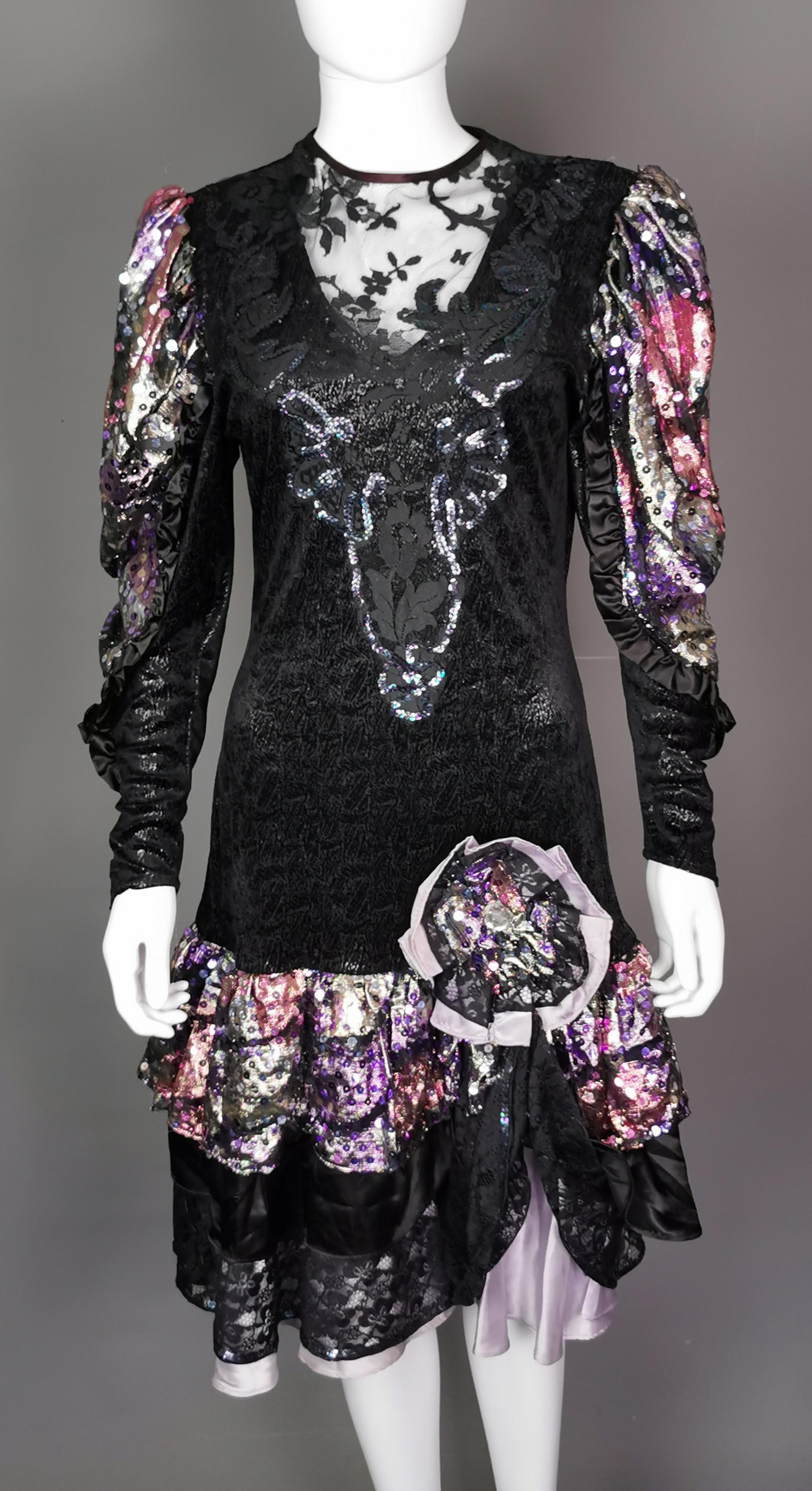 Vintage 1980s French cocktail dress, sequin, lace, wet look For Sale at ...
