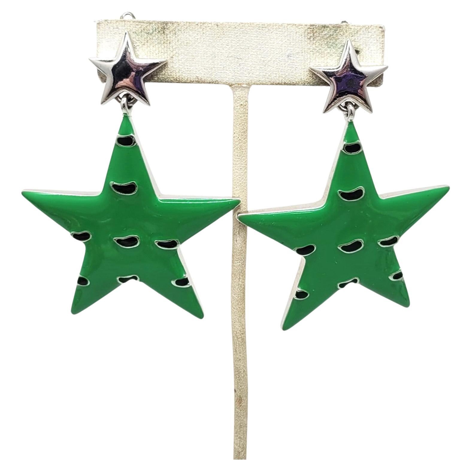 Vintage 1980s Signed Escada Green Enamel Star Pendant Clip Earrings For ...