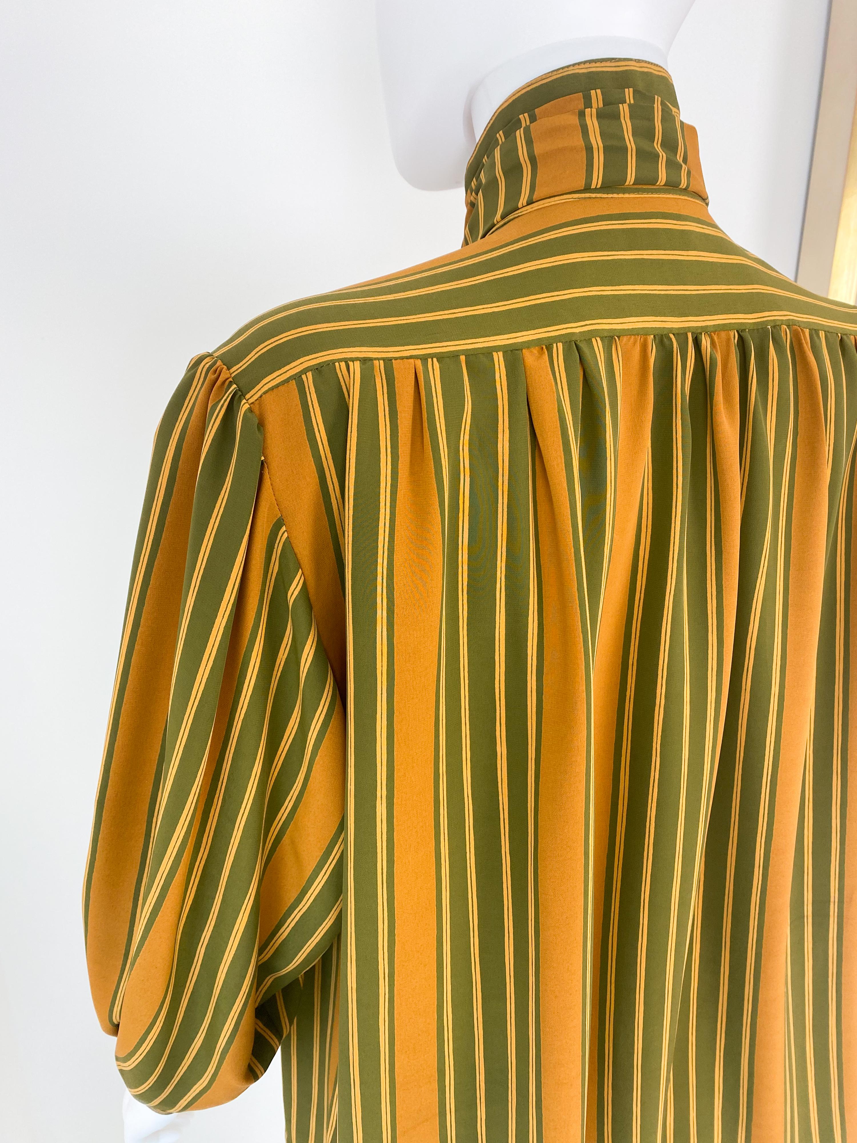 Vintage 1980s Silky Polyester Blouse Top Green and Saffran Stripes Size ...