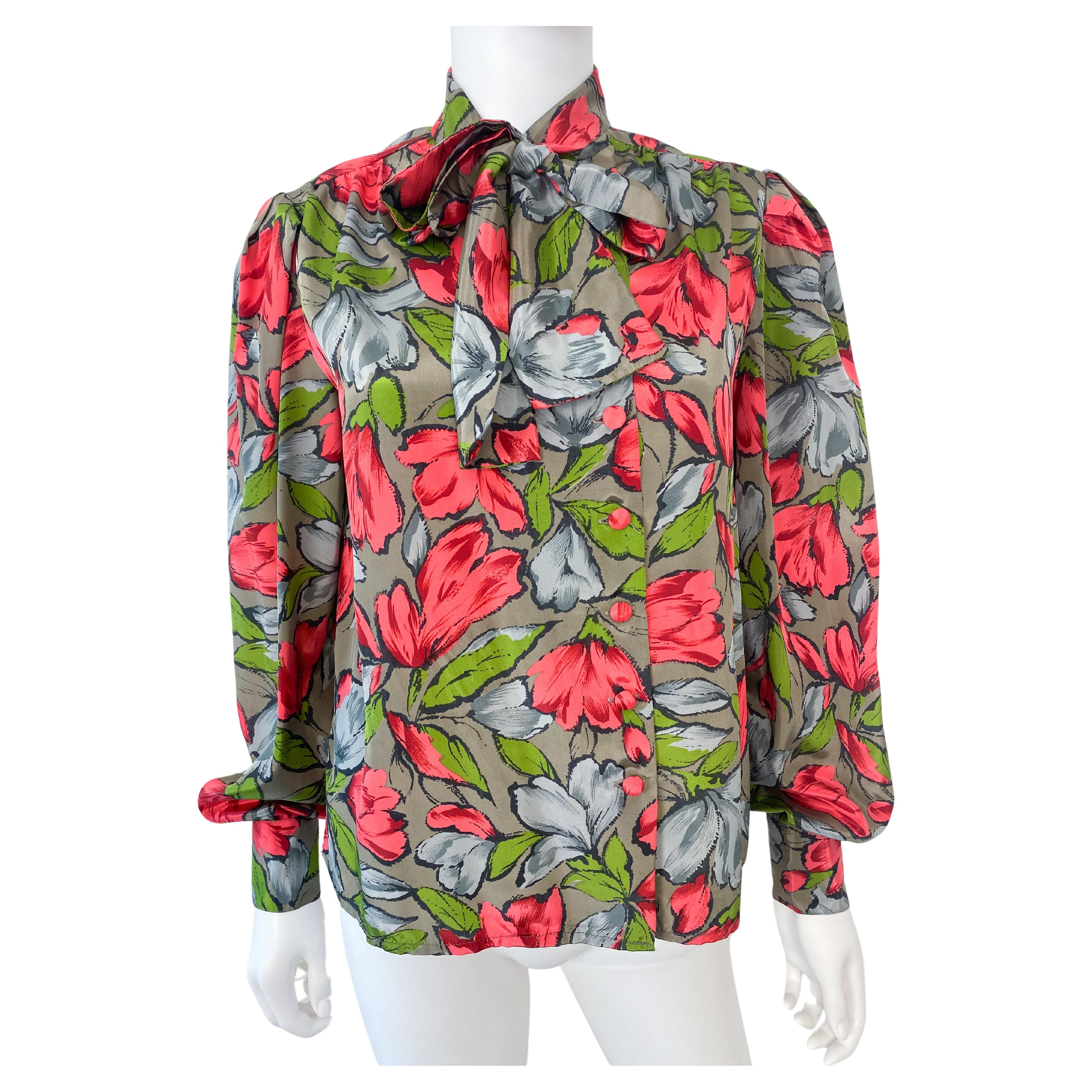 Vintage 1980s Silky Polyester Blouse Top Green and Lavender Flowers ...