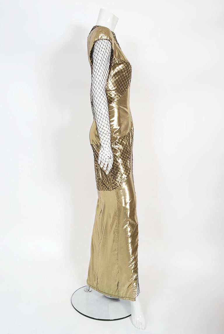 Vintage 1985 Thierry Mugler Couture Metallic Gold Lamé and Fishnet High ...