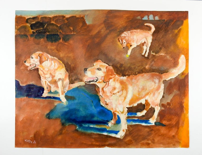 Vintage 1985 Yellow Lab Dogs Painting For Sale at 1stDibs