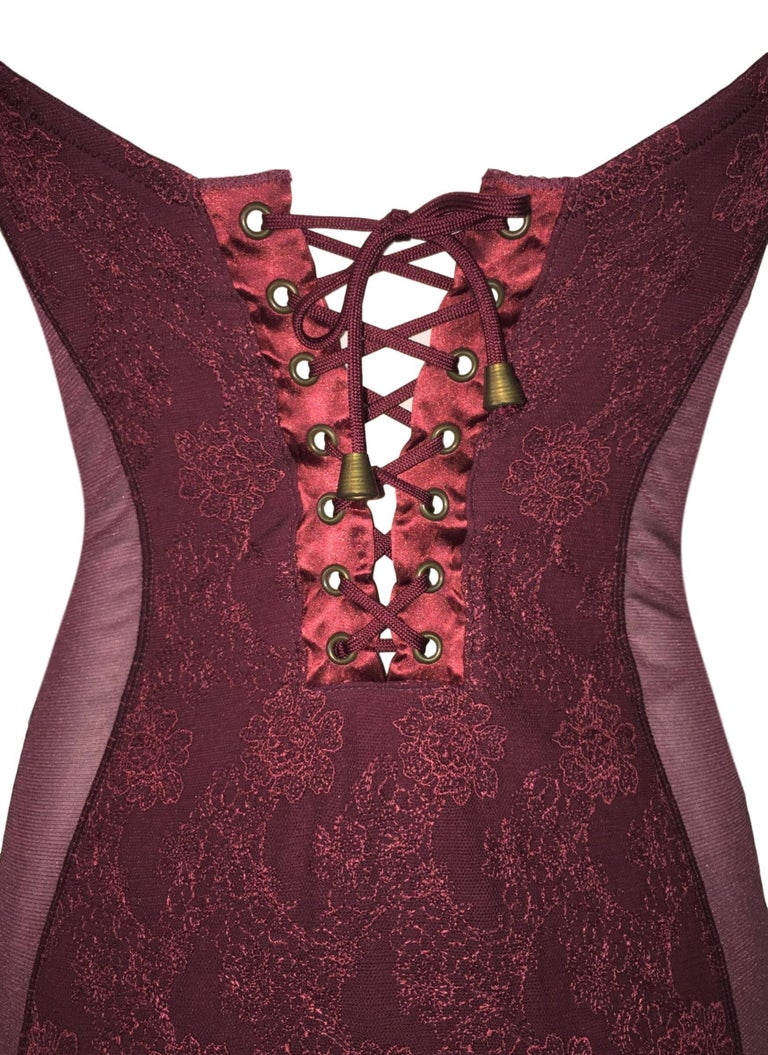 1990's Jean Paul Gaultier Burgundy Sheer Lace Cone Bra Corset Mini ...