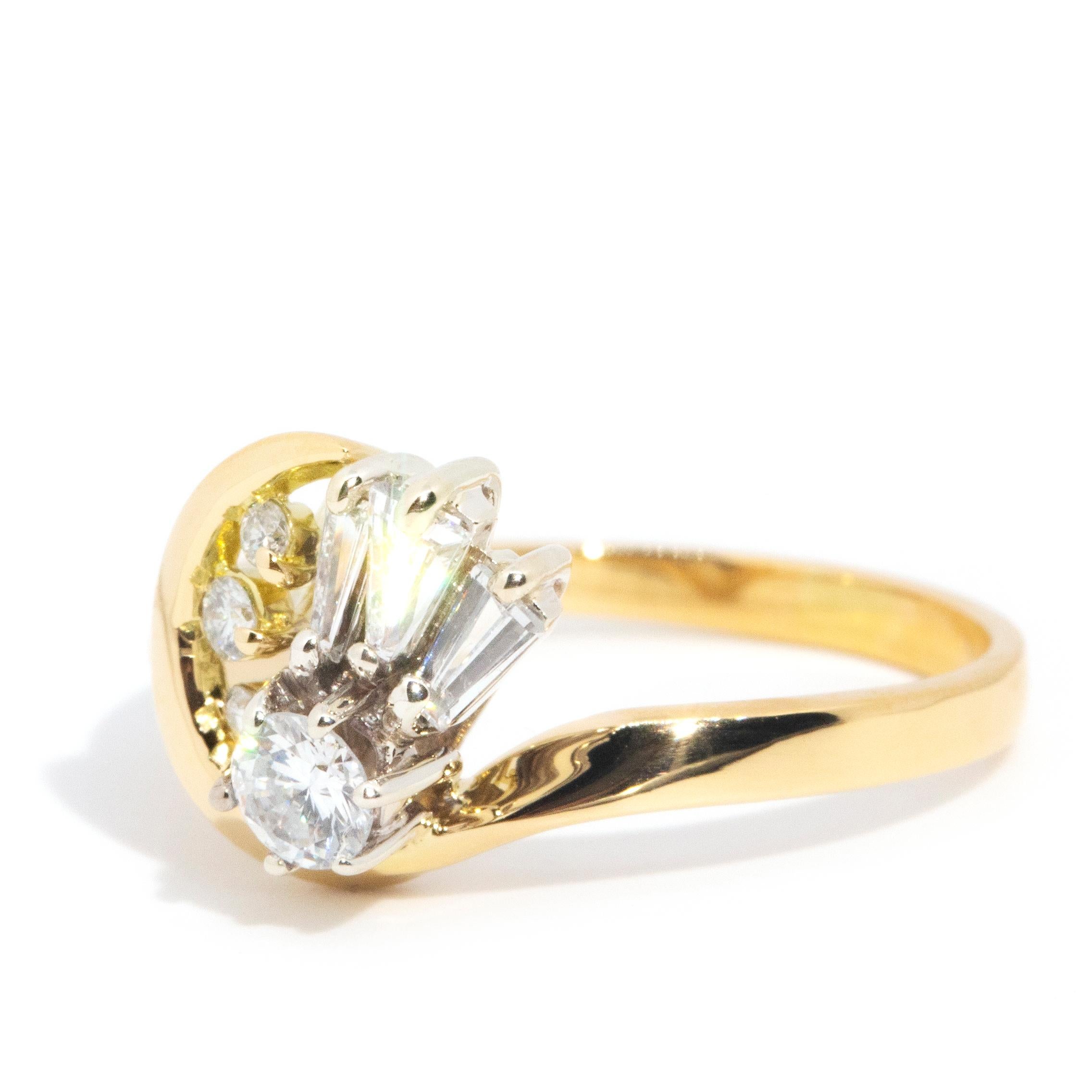 Vintage 1990s 18 Carat Yellow Gold Crescent Moon Fanned Diamond Cluster ...