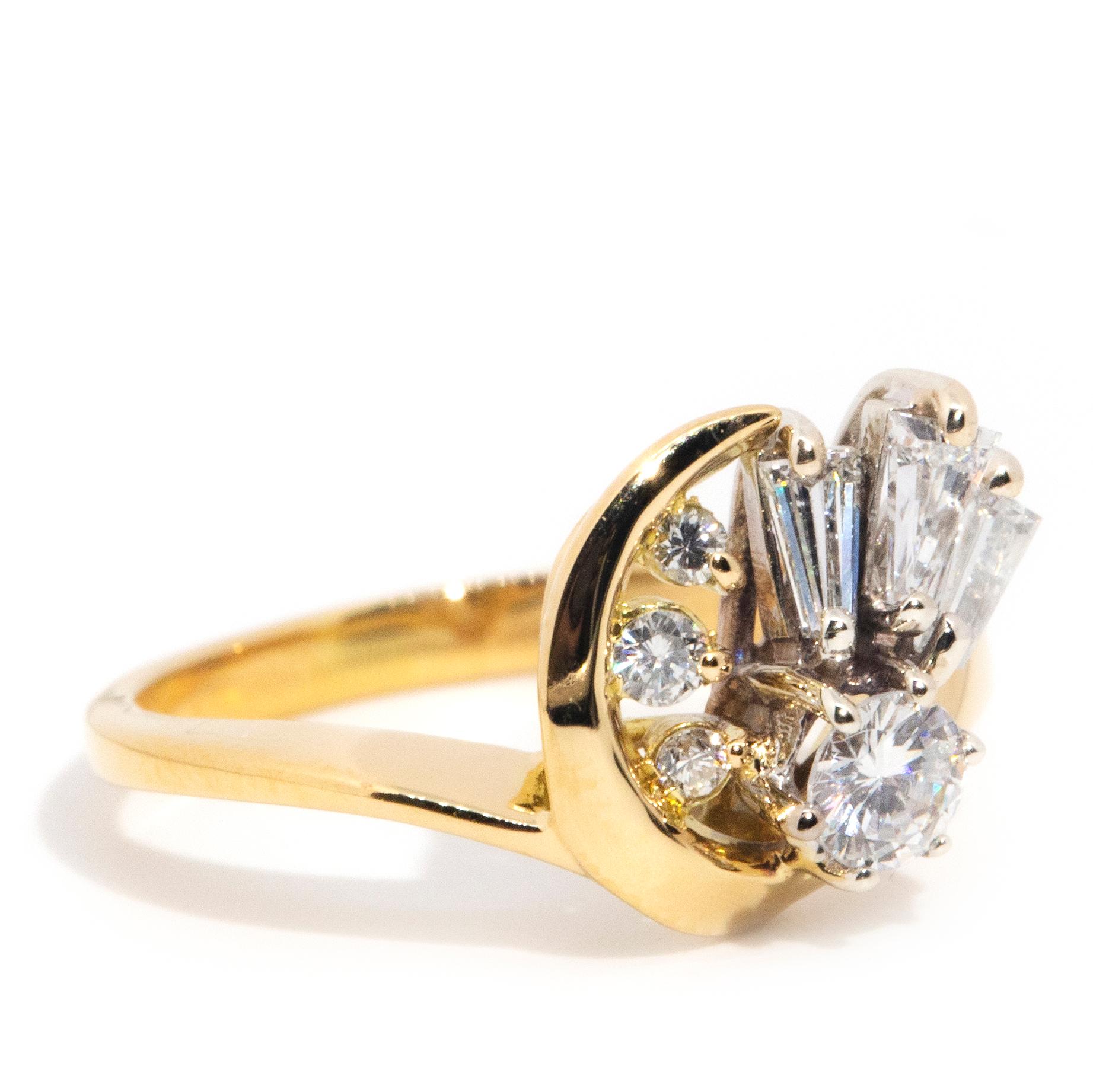 Vintage 1990s 18 Carat Yellow Gold Crescent Moon Fanned Diamond Cluster ...