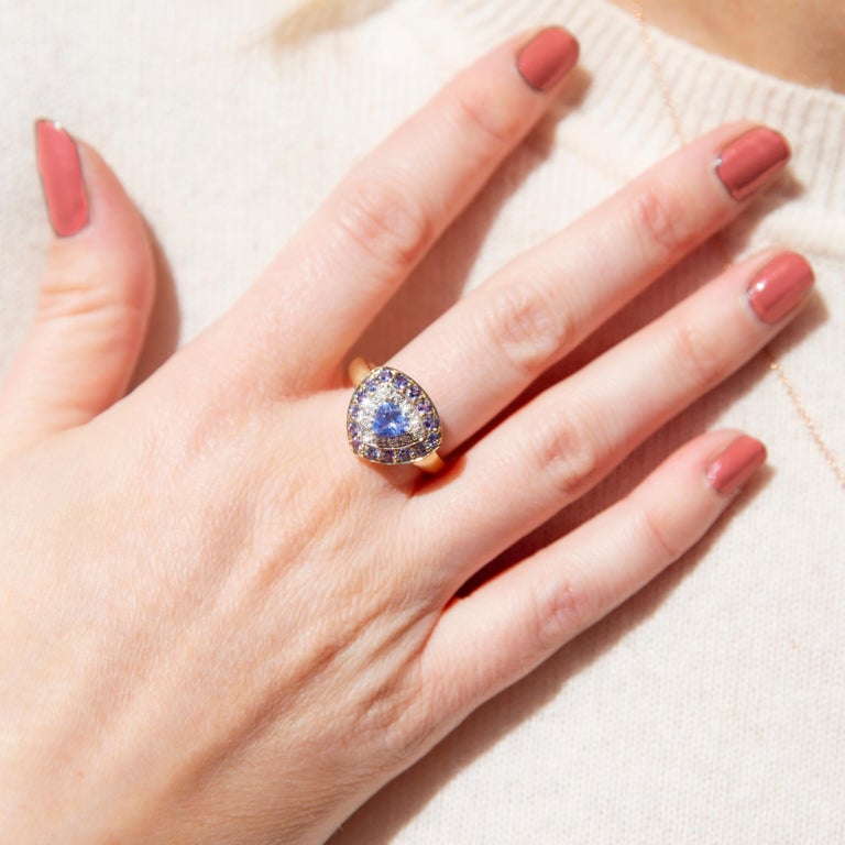 Vintage 1990s 9 Carat Gold Tanzanite and Diamond Curved Triangular ...