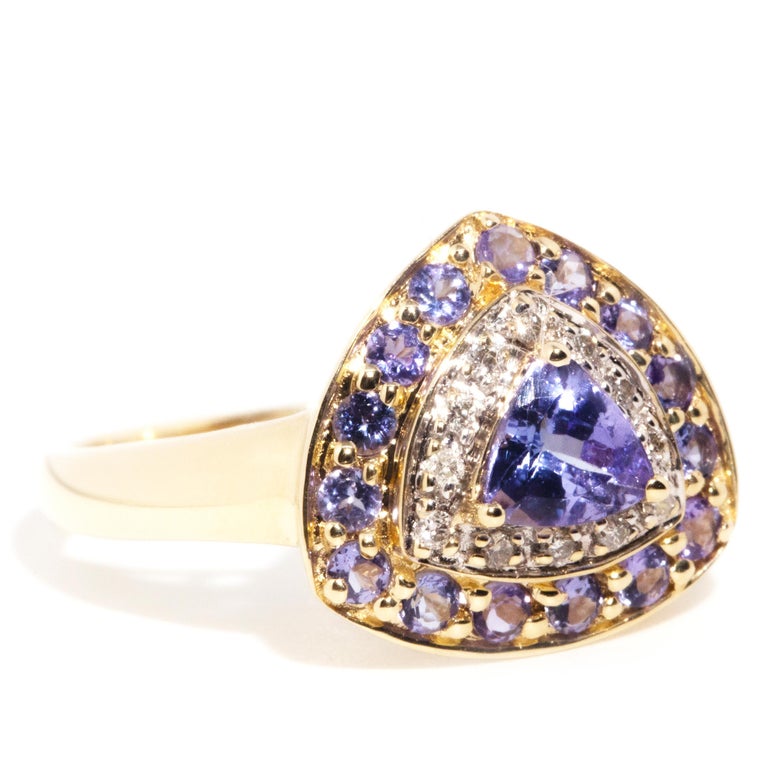 Vintage 1990s 9 Carat Gold Tanzanite and Diamond Curved Triangular ...