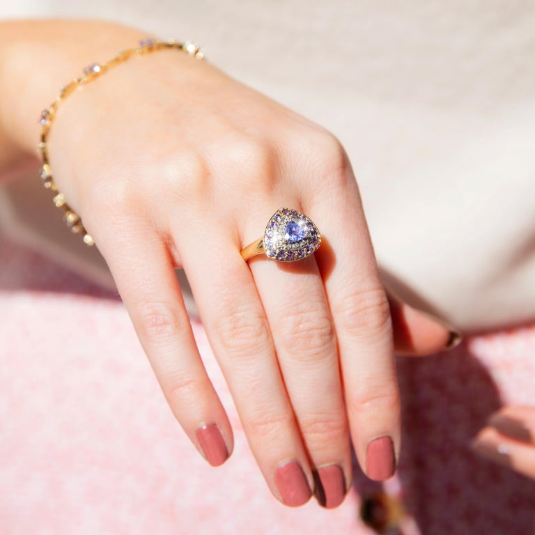 Vintage 1990s 9 Carat Gold Tanzanite and Diamond Curved Triangular ...