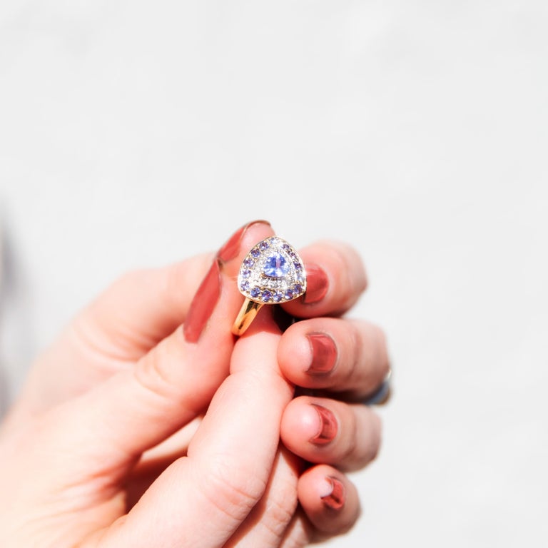 Vintage 1990s 9 Carat Gold Tanzanite and Diamond Curved Triangular ...