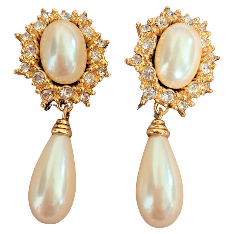 Vintage 1990s Christian Dior Earrings with Pearl and Rhinestones For ...