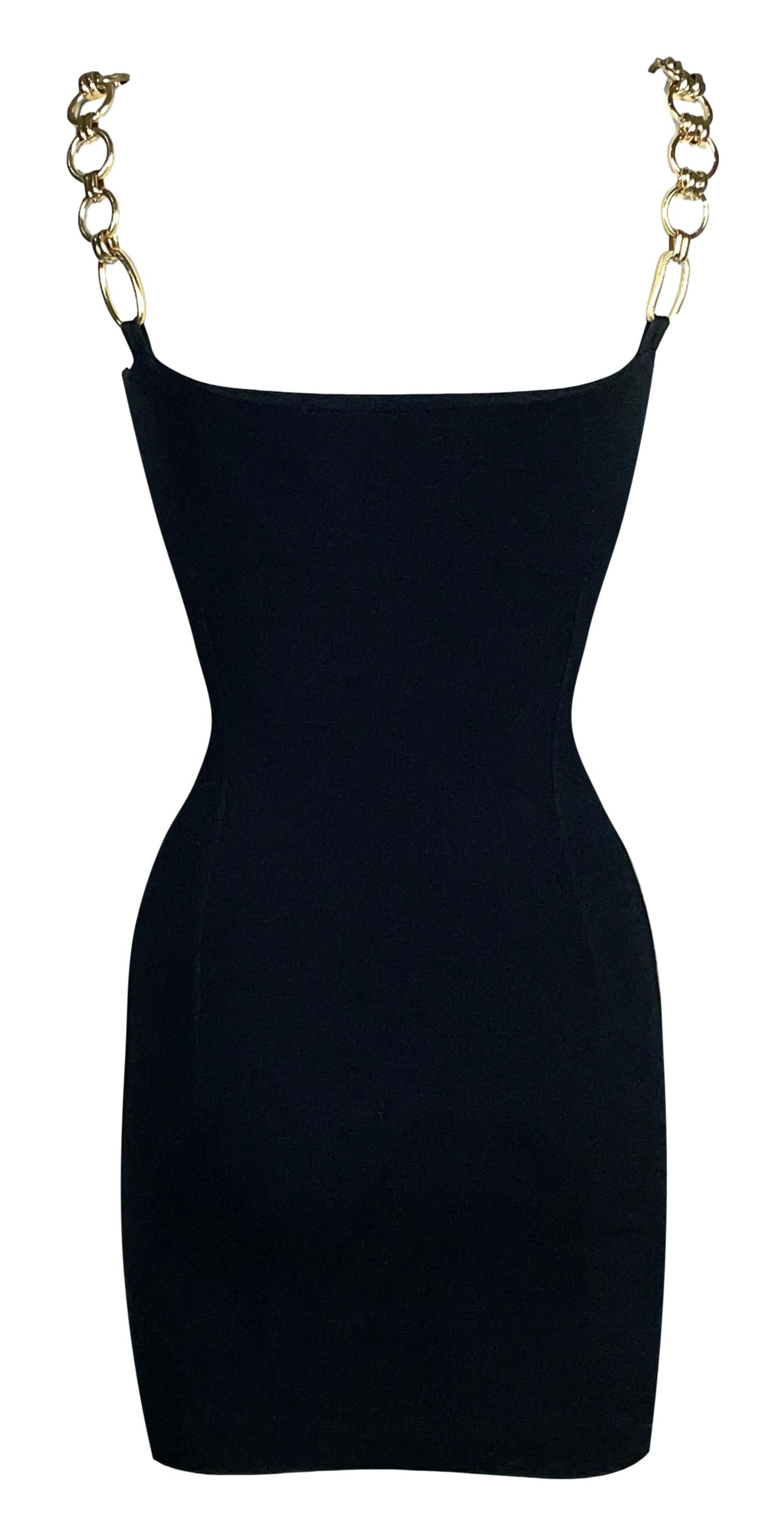 Vintage 1990's Dolce and Gabbana Black Bodycon Gold Chain Strap Mini ...
