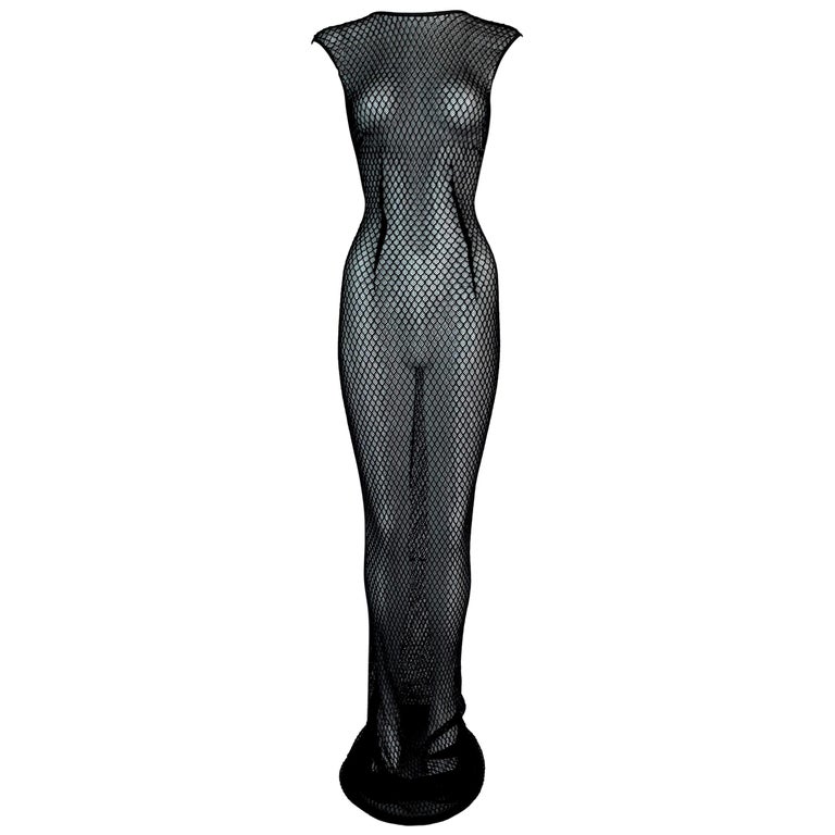 Vintage 1990's Dolce and Gabbana Sheer Black Fishnet Extra Long Gown ...