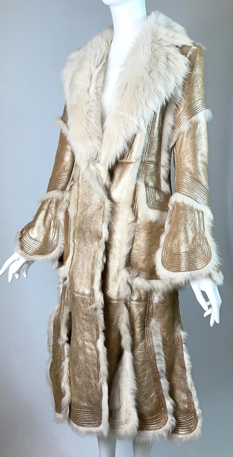 Vintage 1990's Gold Leather and Shearling Armor Gladiator Long Coat For ...