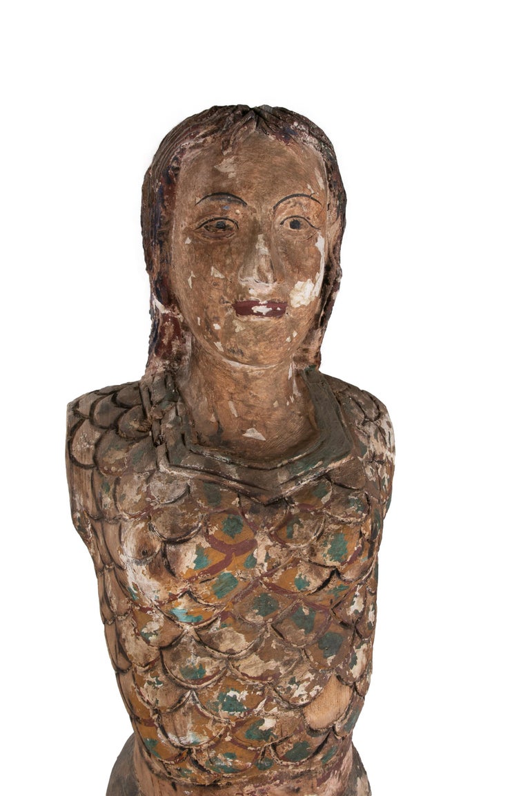 Vintage 1990s Spanish Hand Carved Wooden Painted Mermaid Sculpture For ...