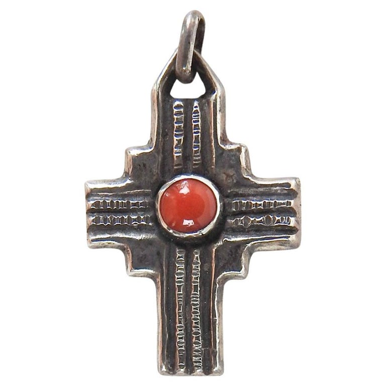 Vintage 1990s Sterling Silver and Red Coral Cross Artist Studio For ...
