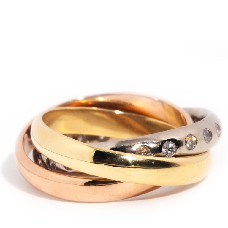 Vintage 1990s Tri Colour Diamond 18 Carat Gold Three Ring Russian ...