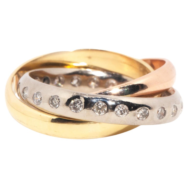 Vintage 1990s Tri Colour Diamond 18 Carat Gold Three Ring Russian ...