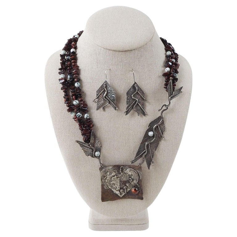 Vintage 1991 Artist Made Sterling Copper Agate Necklace and Earrings ...