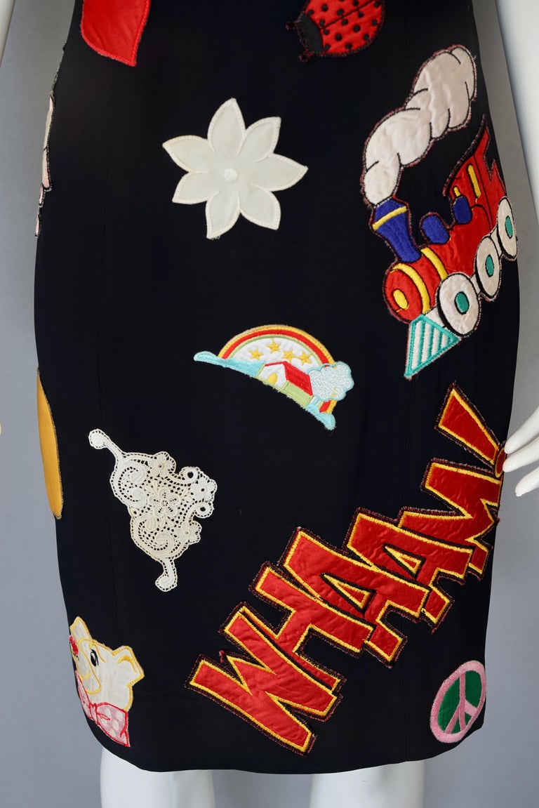 Vintage 1994 MOSCHINO COUTURE "WHAM" Patchwork Novelty Dress For Sale at 1stDibs