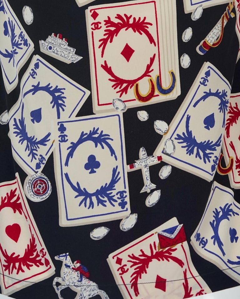 Vintage 1995 CHANEL Playing Cards Print CC Logo Button Silk Top For ...