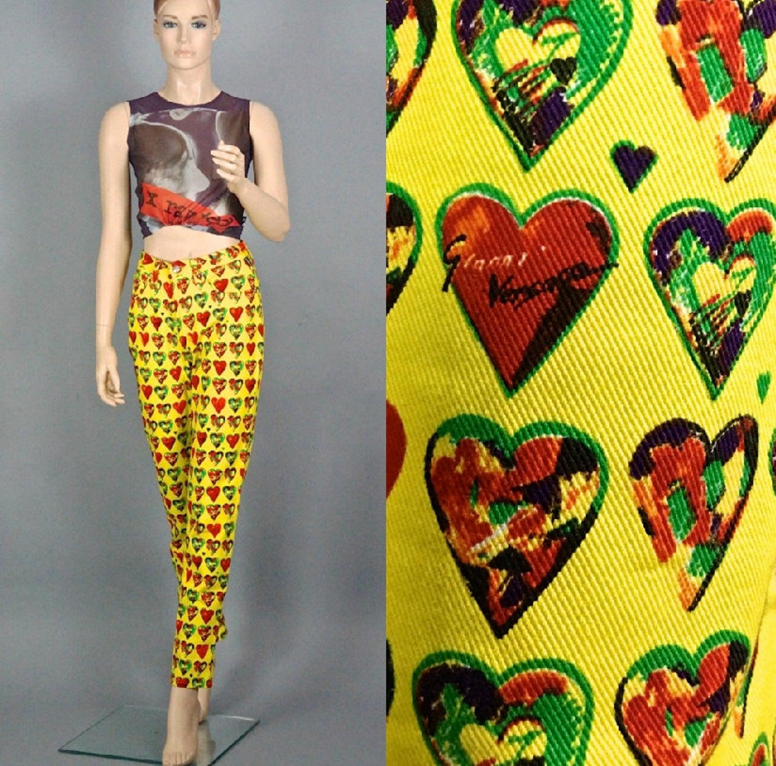 Vintage 1997 GIANNI VERSACE SIGNATURE Multicolor Heart Prints Yellow ...