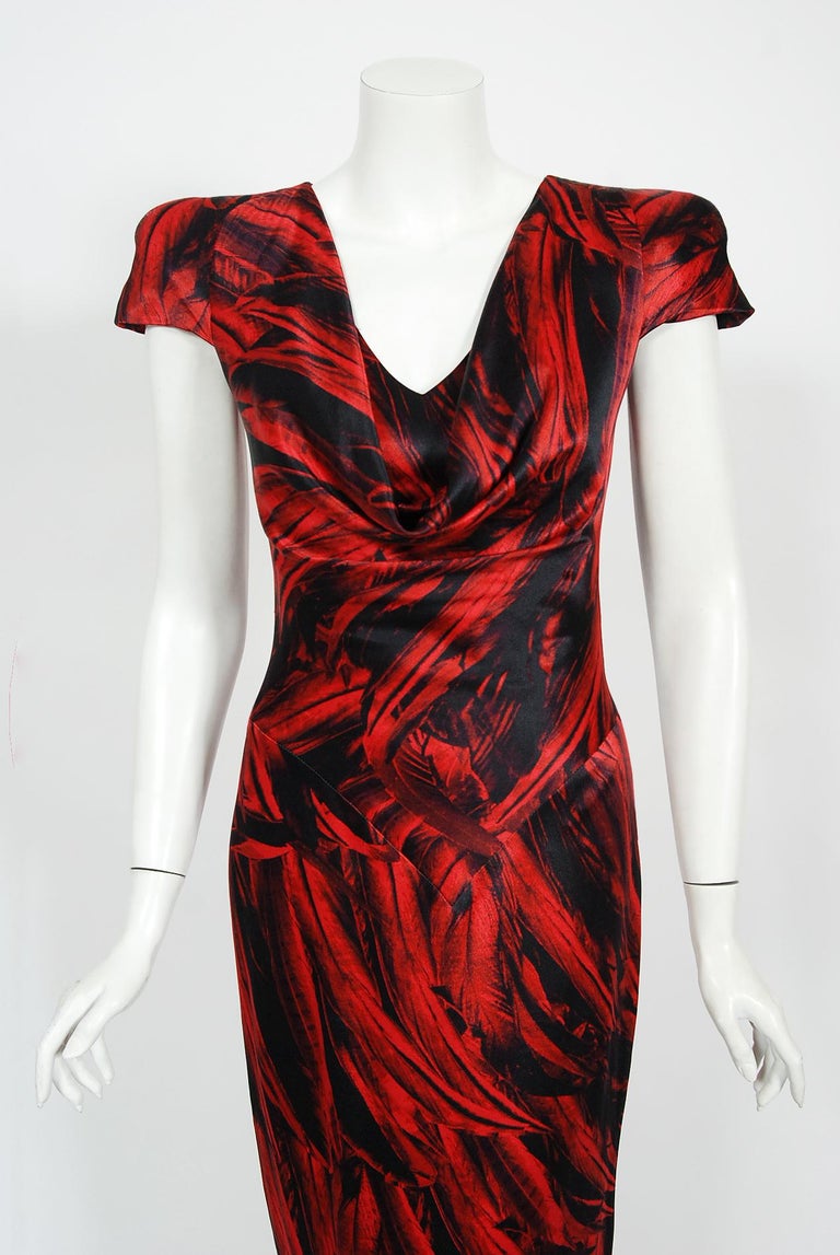 Vintage 2009 Alexander McQueen Lifetime Red Feather Print Silk Low ...