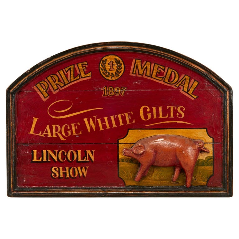 Vintage 20th C Hand Painted Trade Wood Sign with Plaster Pig at 1stDibs